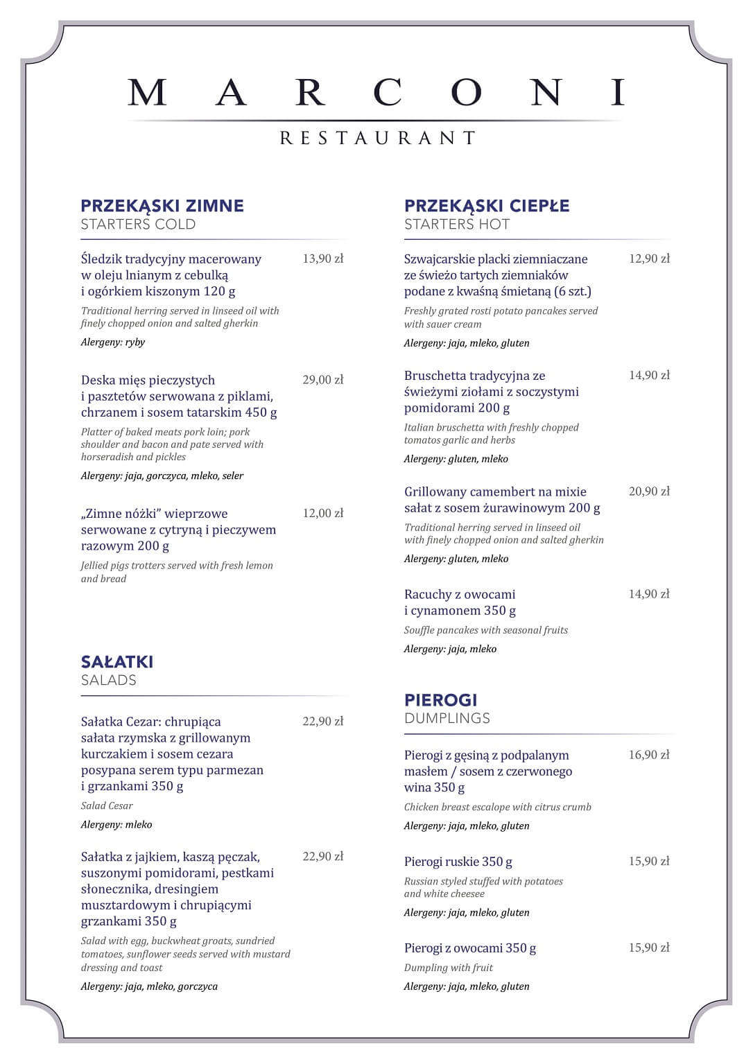 Menu - Pałac Łazienki II Ciechocinek